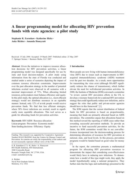 A Linear Programming Model For Allocating Hiv Prevention Funds With