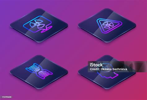 위치에 아이소메트릭 라인 방사성 설정 Dna 기호 방사선이 있는 삼각형 및 머리와 전기 파란색 사각형 버튼입니다 벡터 3차원