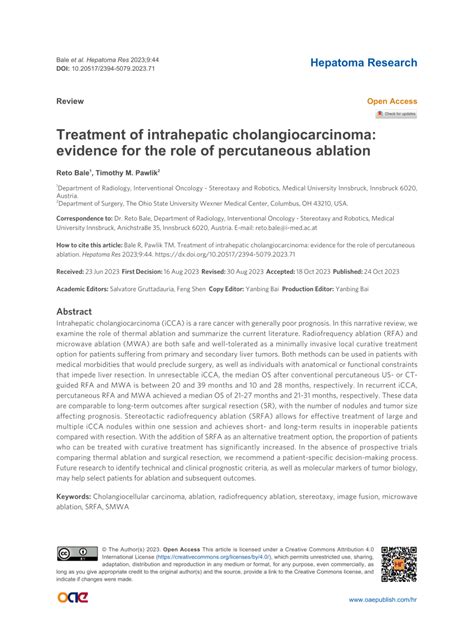Pdf Treatment Of Intrahepatic Cholangiocarcinoma Evidence For The Role Of Percutaneous Ablation