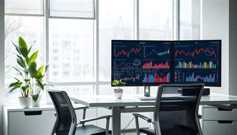 Modern Office Workspace With Financial Data Displayed On Large Monitors