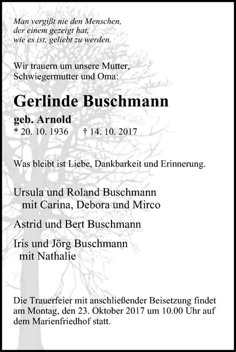 Traueranzeigen Von Gerlinde Buschmann Trauer In Nrw De
