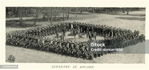 프랑스 군대 군인 보병 대형 기병 공격에 대한 광장 방어 빅토리아 군사 역사 1890 년대 19 세기 군사에 대한 스톡 벡터