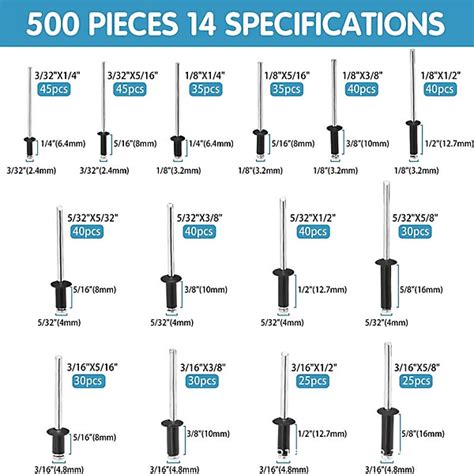 500pcs Black Pop Rivets Assortment 14 Aluminum Rivet Sizes 332 Inch