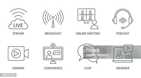벡터 라이브 스트리밍 아이콘 세트는 편집 가능한 스트로크입니다 온라인 미팅 확대 축소 를 브로드캐스트합니다 팟캐스트 헤드폰 카메라 인터넷 컨퍼런스 채팅 웹비나 녹화 아이콘에