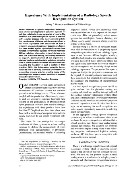 Pdf Experience With Implementation Of A Radiology Speech Recognition System