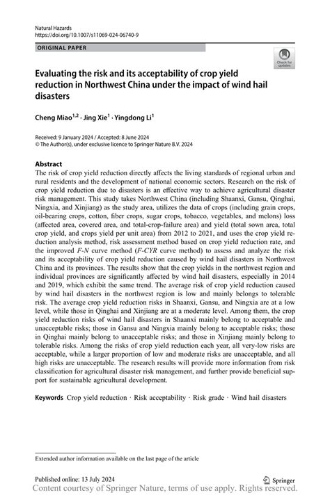 Evaluating The Risk And Its Acceptability Of Crop Yield Reduction In Northwest China Under The