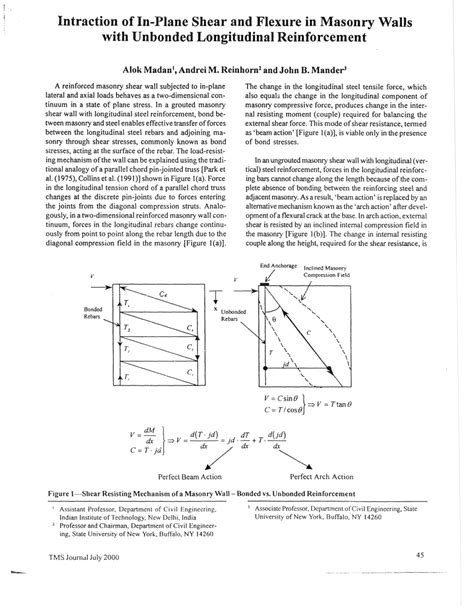 Pdf Interaction Of In Plane Shear And Flexure In Masonry Walls With Unbonded Longitudinal