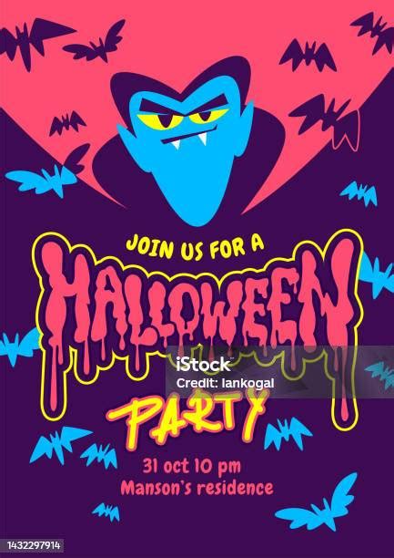 드라큘라와 많은 박쥐가있는 재미있는 할로윈 파티 초대장 카드 전단지 포스터 배너 또는 카드를위한 디자인 템플릿 플랫 스타일의 벡터 다채로운 일러스트레이션 전단지에 대한 스톡