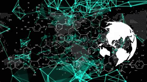 Animation Of Molecule Structures Connected Dots And Rotating Globe Over Black Background Stock