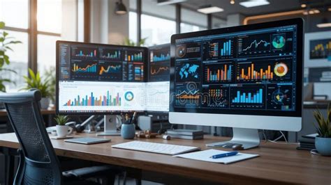 Modern Office Workspace With Dual Monitors Displaying Data Analytics