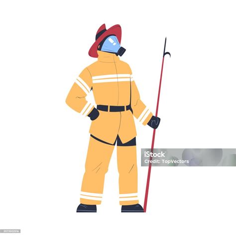 전문 소방관이 스크랩을 들고 서 있습니다 제복을 입은 소방관 캐릭터 구조 장비가 있는 마스크와 모자 구조 응급 서비스 액션 만화 벡터 일러스트 레이 션 고철에 대한 스톡