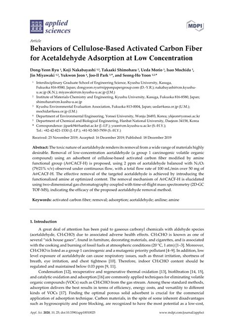 Pdf Behaviors Of Cellulose Based Activated Carbon Fiber For Acetaldehyde Adsorption At Low