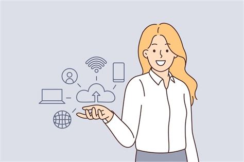 Premium Vector Business Woman Near Symbols Of Cloud Computing Technologies Proposes To Develop
