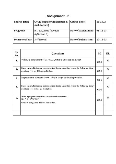 C0a 2 Assignment Assignment 2 Course Title Caocomputer
