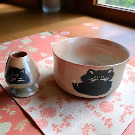 Black Cat Chawan And Whisk Holder Set Northeast Tea House