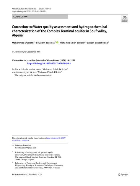 Pdf Correction To Water Quality Assessment And Hydrogeochemical