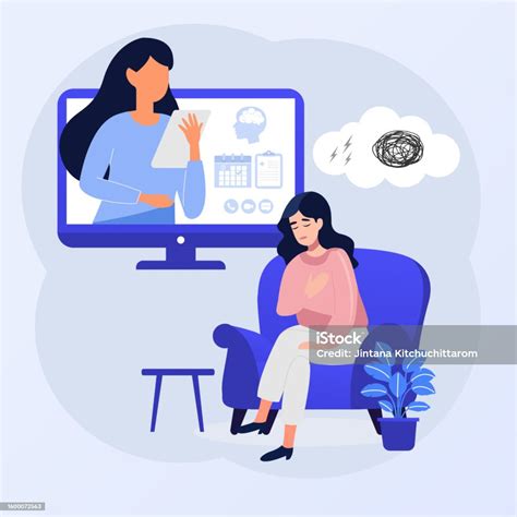 심리학자는 화상 통화를 통해 환자와 상담하고 여자는 개인적인 문제에 대해 이야기한다 정신 건강에 대한 스톡 벡터 아트 및 기타 이미지 정신 건강 인터넷 일러스트레이션