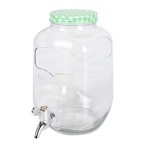 4 Litre Drinks Dispenser With Tap Lid Glass Beverage Jar Juice Cocktail Checked