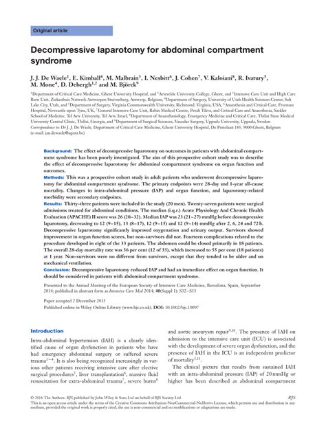 Pdf Decompressive Laparotomy For Abdominal Compartment Syndrome