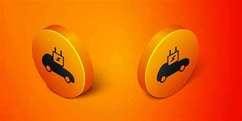 주황색 배경에 격리된 등극 전기 자동차와 전기 케이블 플러그 충전 아이콘 재생 가능한 에코 기술 주황색 원 버튼 벡터 3차원 형태에 대한 스톡 벡터 아트 및 기타 이미지