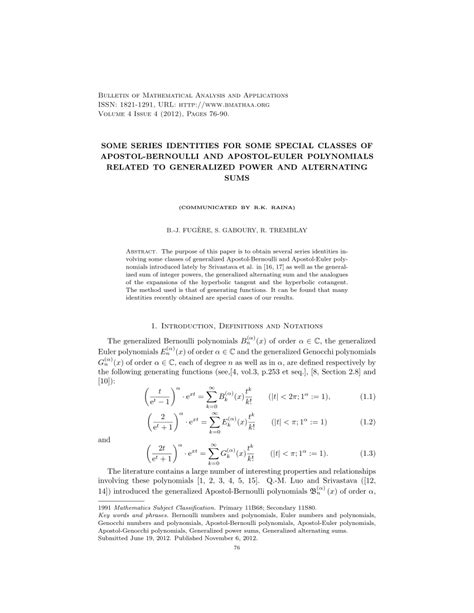 Pdf Some Series Identities For Some Special Classes Of Apostol Bernoulli And Apostol Euler