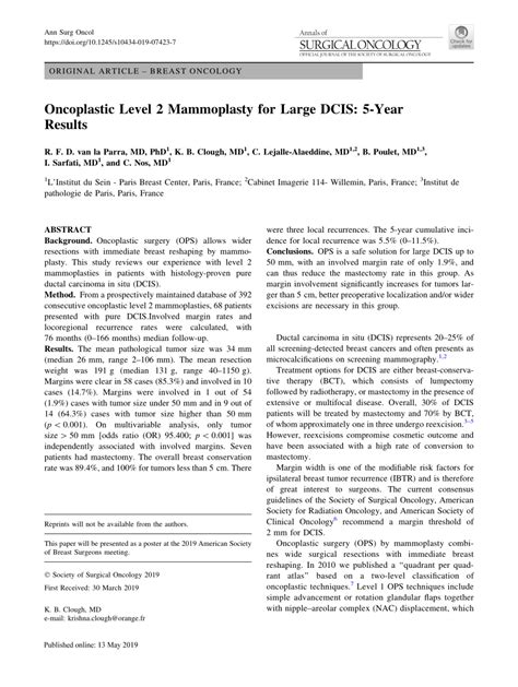 Pdf Oncoplastic Level 2 Mammoplasty For Large Dcis 5 Year Results