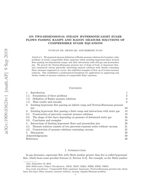 Pdf On Two Dimensional Steady Hypersonic Limit Euler Flows Passing