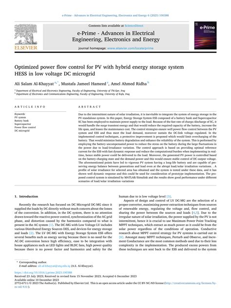 Pdf Optimized Power Flow Control For Pv With Hybrid Energy Storage System Hess In Low Voltage