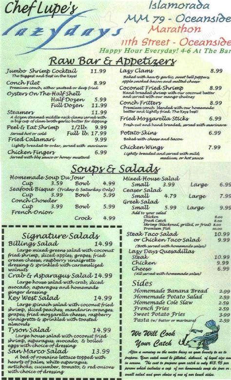 Menu At Lazy Days Restaurant Islamorada