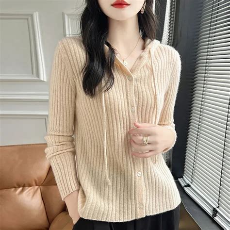 Womens 100 Wool Hooded Cardigan Sweater Solid Color Long Sleeve