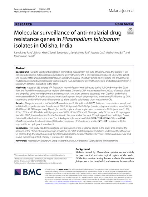 Pdf Molecular Surveillance Of Anti Malarial Drug Resistance Genes In