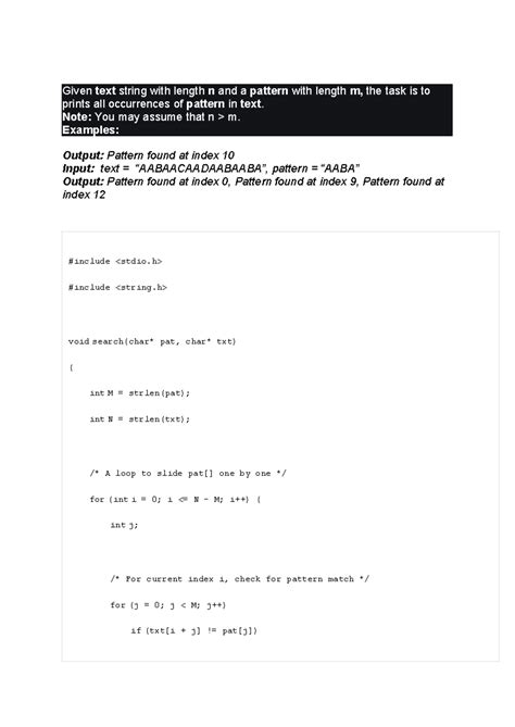 Pattern Search Algorithm Lab Question Paper Given Text String With