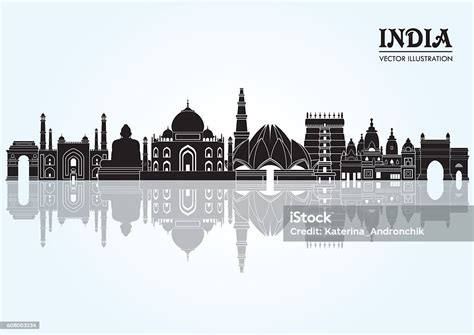 인도 스카이라인 꺾은선형 벡터 일러스트레이션 선 스타일 디자인 인도 인도아 대륙에 대한 스톡 벡터 아트 및 기타 이미지 인도