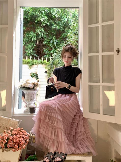 핑크 쉬폰 프릴 캉캉 스커트