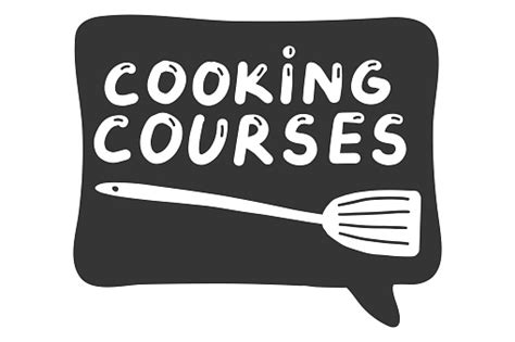 요리 코스 로고 템플릿 서예 일러스트레이션 흰색 배경에 격리 된 텍스트와 필기 브러시 트렌디 한 검은 스티커 라벨 배지 포스터 개념에 대한 스톡 벡터 아트 및 기타 이미지