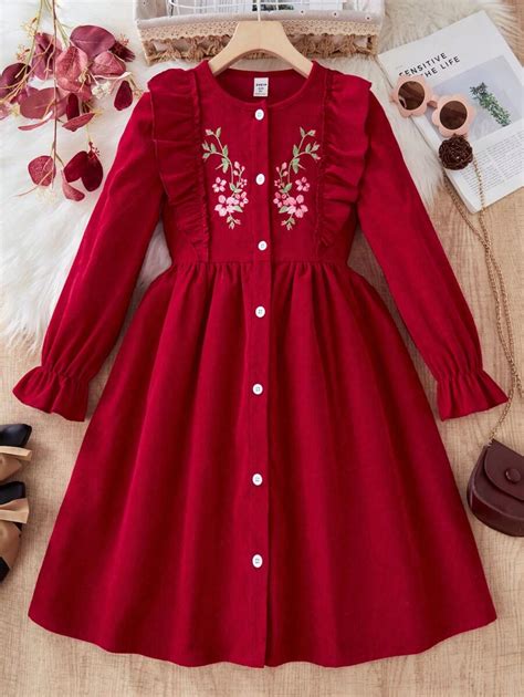 Shein Tween Girl Floral Embroidery Button Front Long Sleeve Pleated