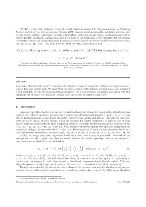 PDF Cryptanalyzing A Nonlinear Chaotic Algorithm NCA For Image