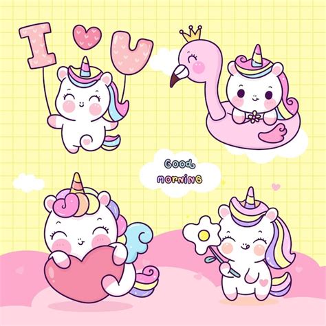 파스텔 색상의 귀여운 유니콘 세트 벡터 그림 프리미엄 벡터