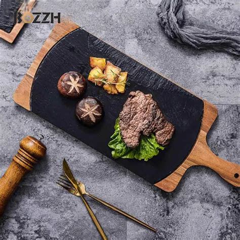 Bozzh 슬레이트 스톤 트레이 나무 보드 트레이 플레이트 서양 디너 플레이트 피자 스테이크 플레이트 음식 스시 접시