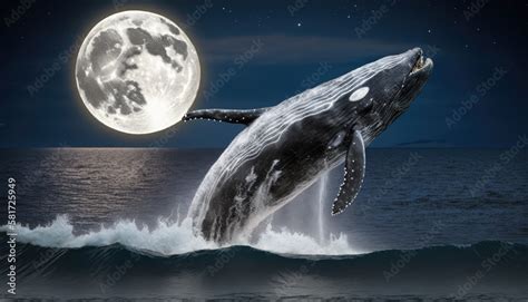 Whale Leaping Out Of The Sea Amid Huge Full Moon Created With