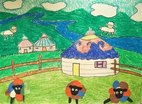 内蒙古儿童画 内蒙古大草原儿童画 大山谷图库