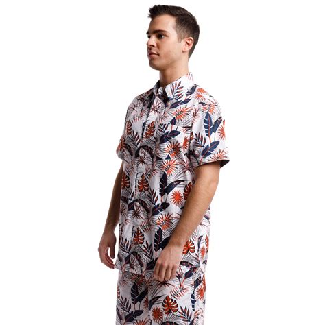 Printed Poplin Short Sleeve Button Up Shirt Orange Tropical Leaves