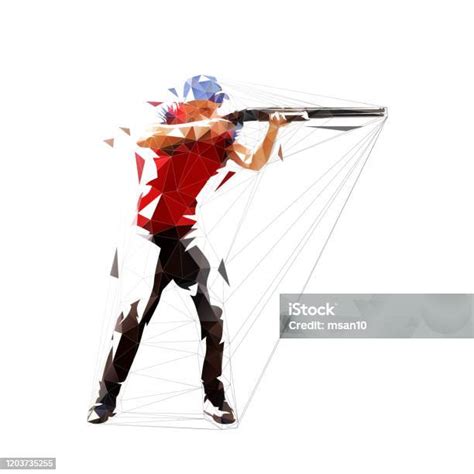 트랩 촬영 총으로 선수를 목표로 고립 된 낮은 다각형 벡터 일러스트 사격에 대한 스톡 벡터 아트 및 기타 이미지 사격 스키트 사격 점토 Istock