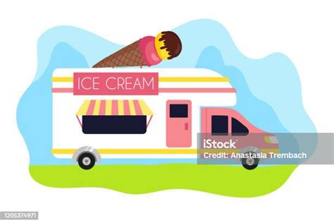 아이스크림 트럭 벡터 플랫 일러스트레이션 길거리 음식에 대한 개념 도시에서 행복한 여름 휴가 차에 대한 스톡 벡터 아트 및 기타 이미지 Istock