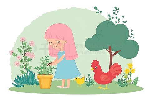 Gardenai数字艺术 Garden简约卡通风儿童小女孩蓝色连衣裙微笑浇水植物插画 Ai平面元素免费下载 Png格式 4032像素 编号71624024 千图网