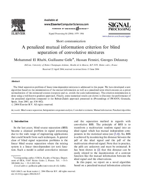 Pdf A Penalized Mutual Information Criterion For Blind Separation Of Convolutive Mixtures