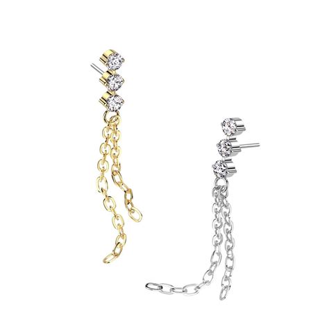 Titanium Threadless Push In Cz Top With Dangle Chains The Body