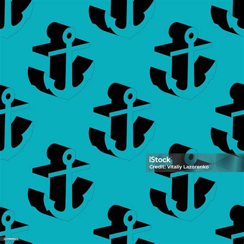 청록색 배경에 현대적인 그래픽 트위스트가 있는 대담한 검은색 앵커 기호를 특징으로 하는 원활한 벡터 패턴입니다 해상 디자인 패션 프린트 또는 해양 테마에 적합합니다 개념에