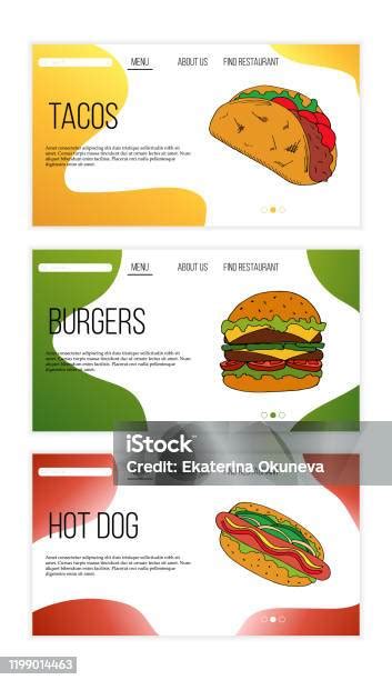 세 가지 벡터 패스트 푸드 웹 사이트 템플릿의 집합입니다 웹 사이트 및 모바일 사이트에 대한 방문 페이지 디자인 개발에 대한