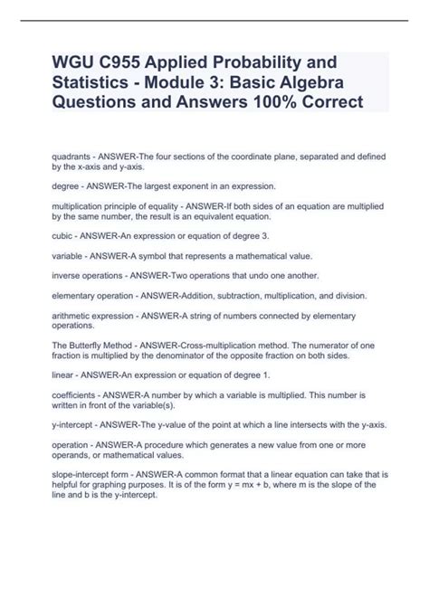 WGU C Applied Probability And Statistics Module Basic Algebra Questions And Answers